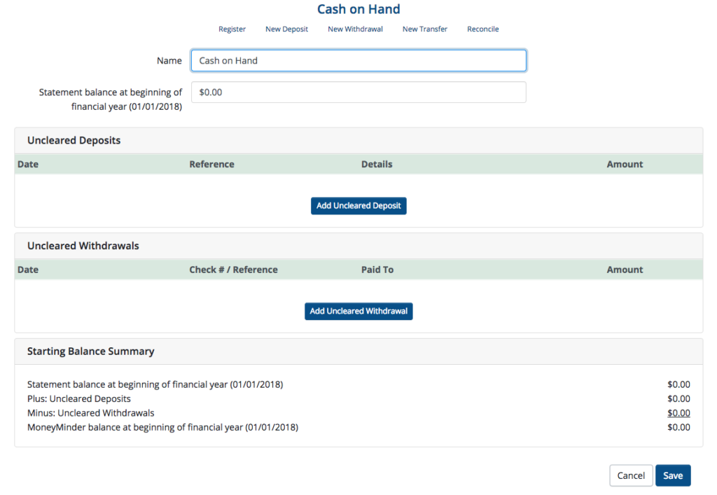 Cash on Hand / Event Cash - MoneyMinder