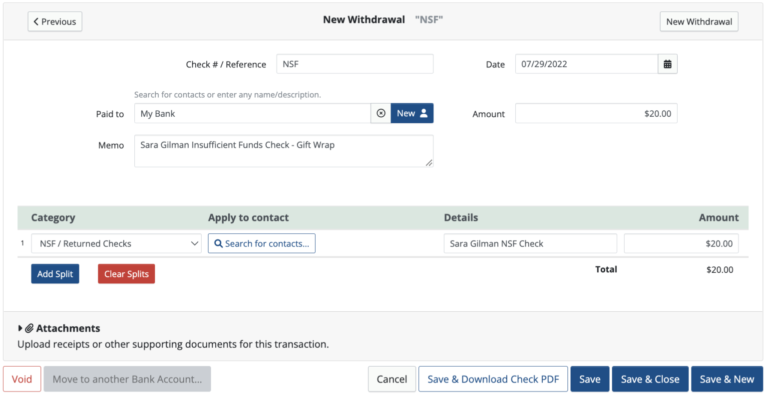 How to record Returned checks due to non-sufficient funds (NSF) - MoneyMinder