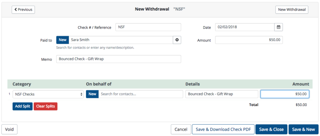 NSF/Returned Checks - MoneyMinder