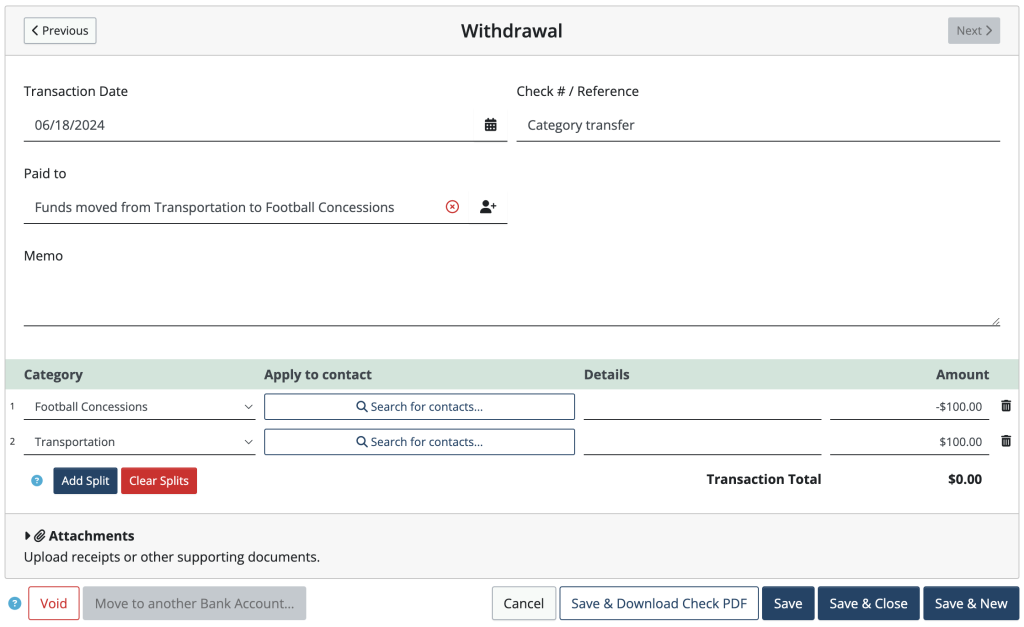 Transferring money between budget categories - MoneyMinder
