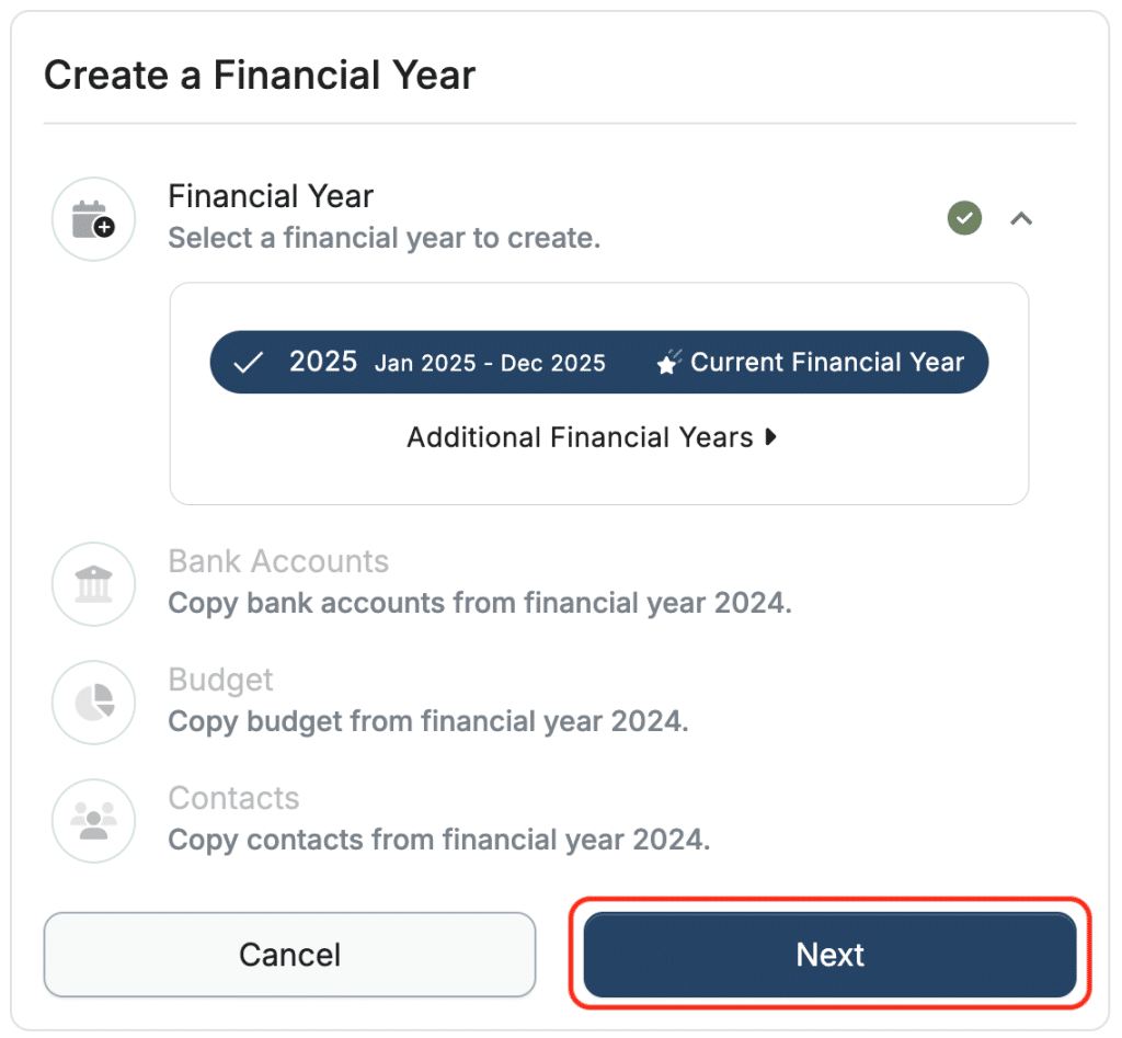 Adding a new Financial Year - MoneyMinder