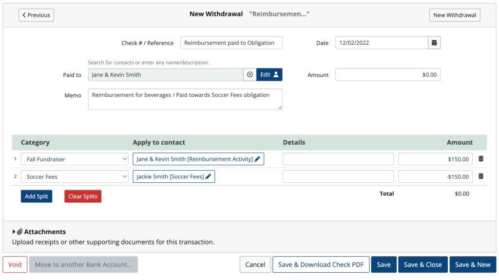 How to apply a Reimbursement toward an obligation - MoneyMinder