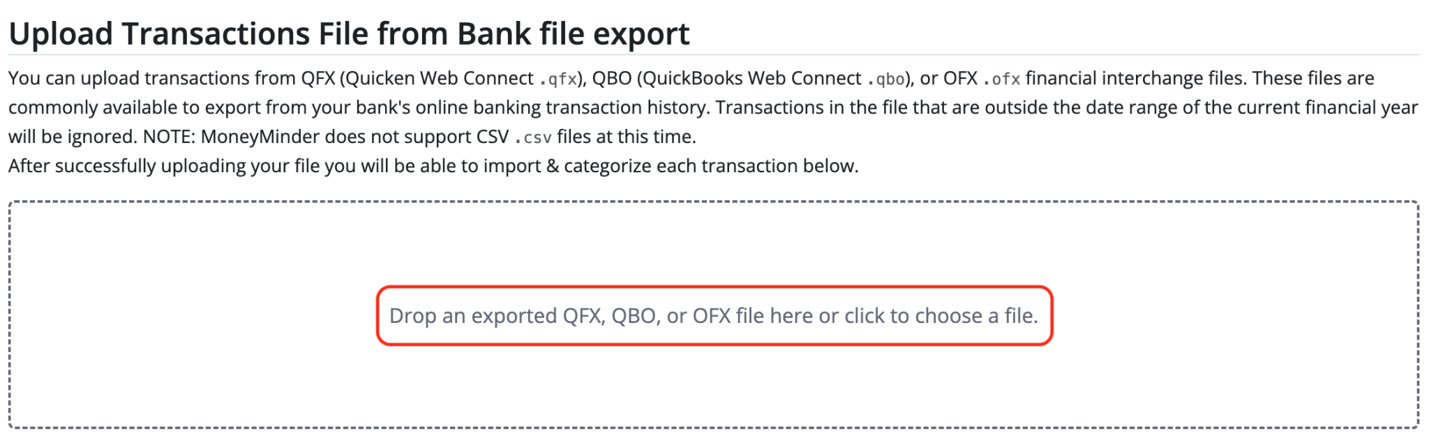 How to Import from a QFX, QBO, or OFX bank transaction file - MoneyMinder