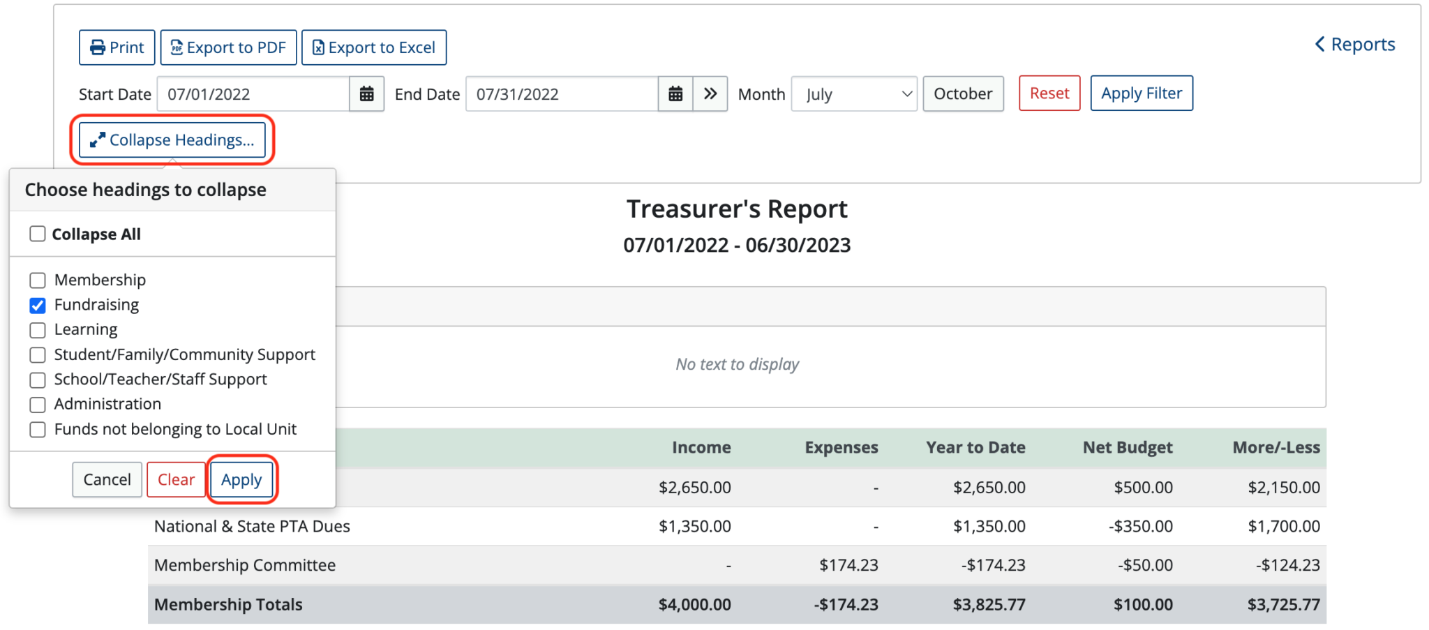 Running your Treasurer's Report - MoneyMinder