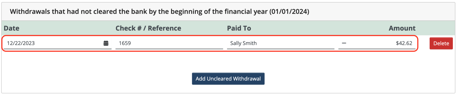 Adding Uncleared Checks & Deposits from prior years - MoneyMinder